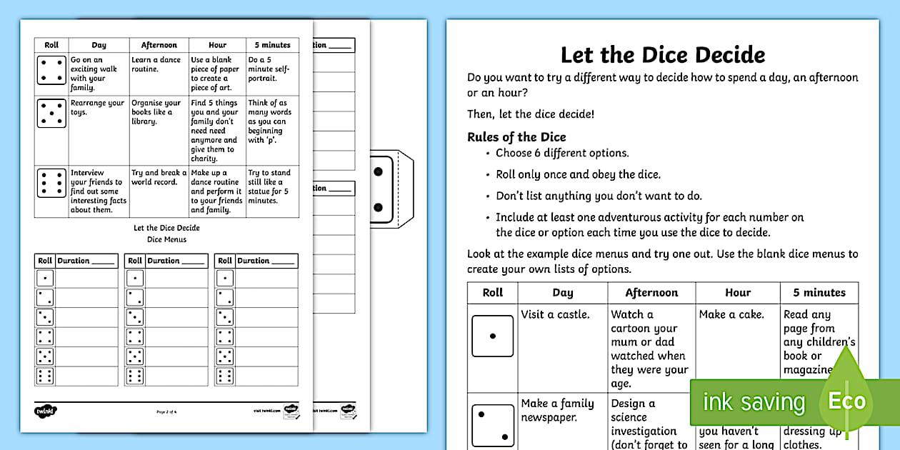 Let the Dice Decide Worksheet / Worksheet - Twinkl