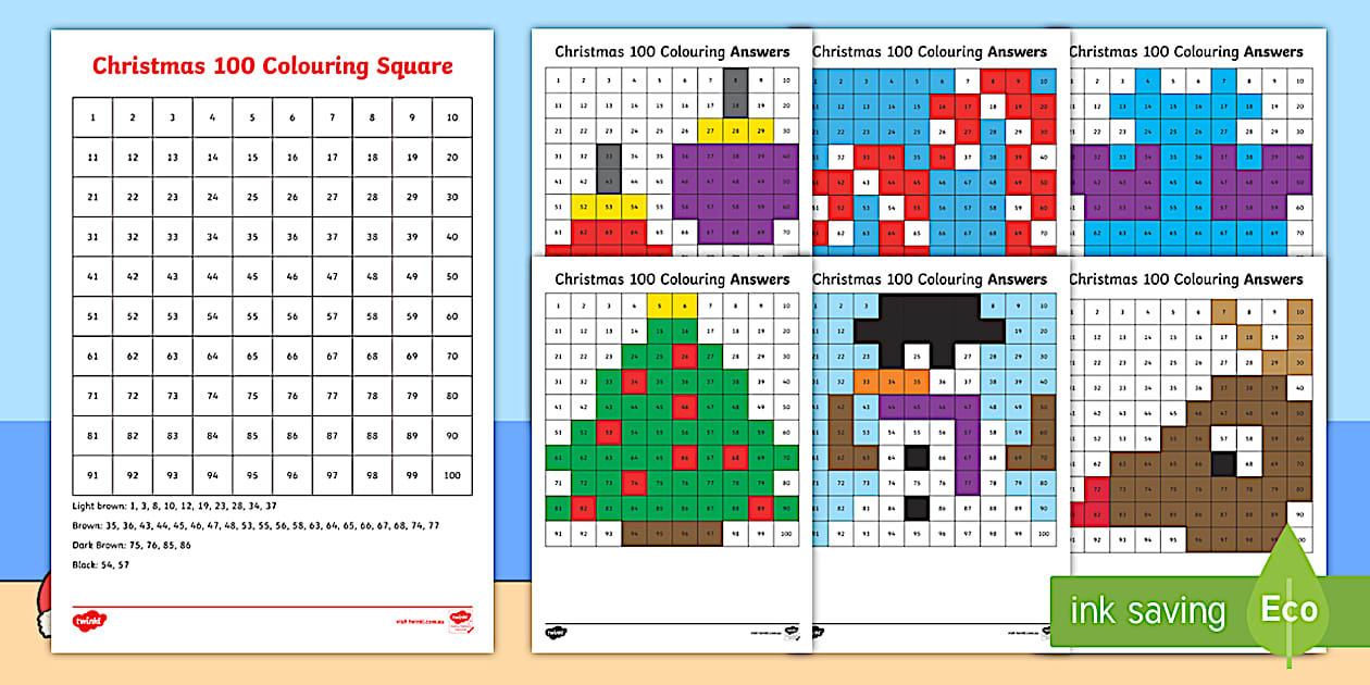Christmas 100 Square Colour by Number Activity - Twinkl