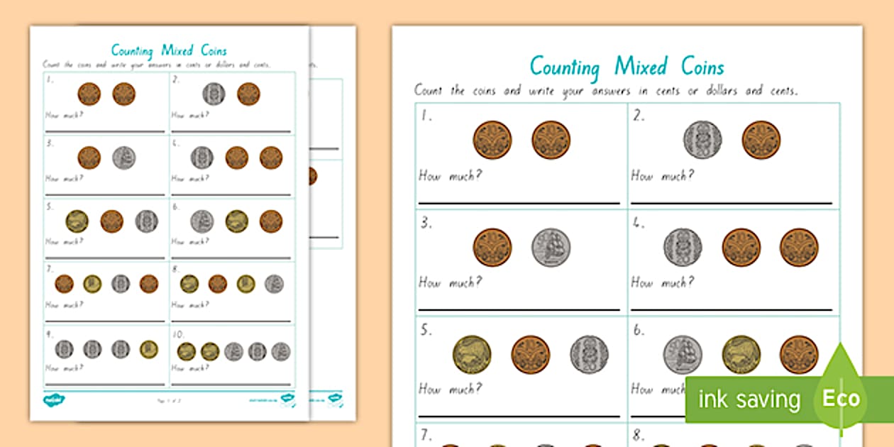 Counting Mixed Coins Worksheet (Teacher-Made) - Twinkl