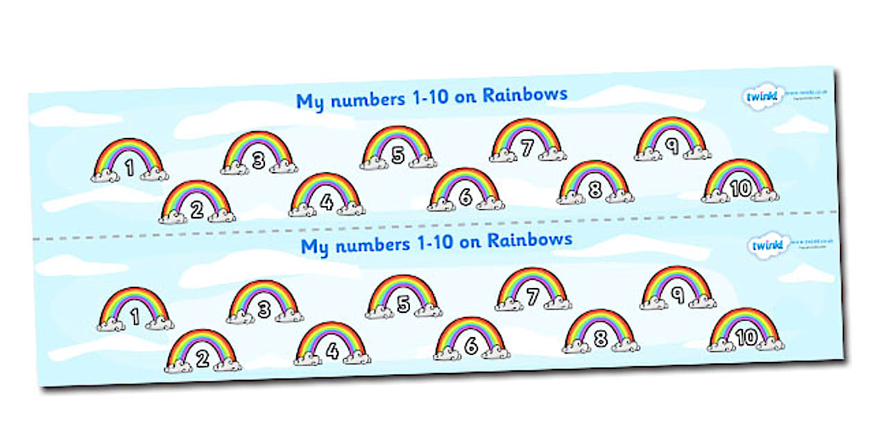 1-10 on Rainbows Number Strips (professor feito) - Twinkl
