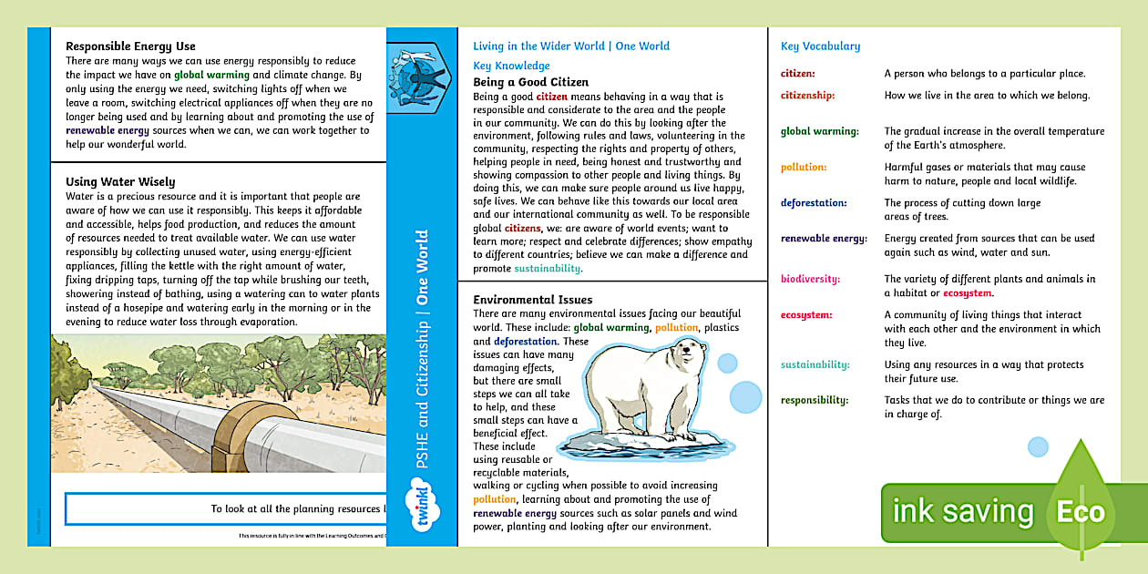 PSHE: UKS2 One World - Knowledge Organiser (teacher made)