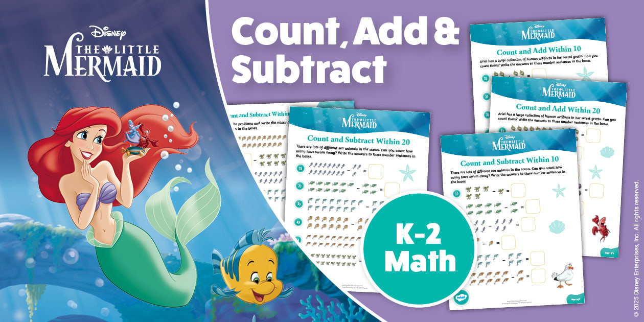 The Little Mermaid: Count, Add, and Subtract Math Worksheets