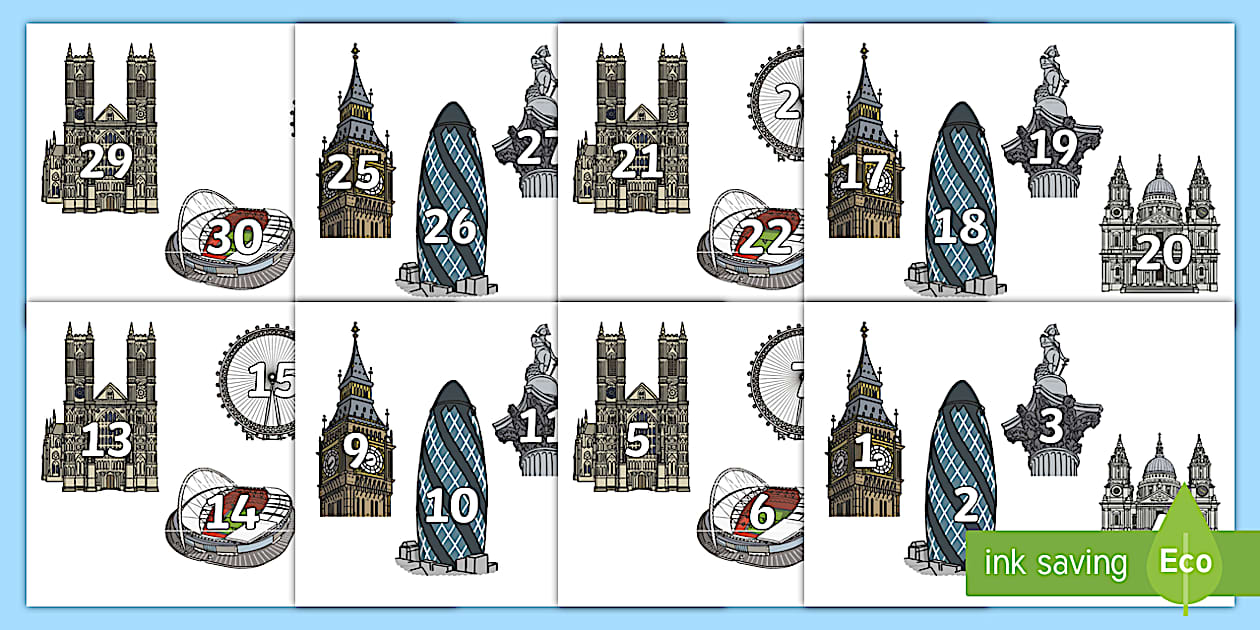 Numbers 0 to 31 on London Landmarks Cut-Outs (teacher made)