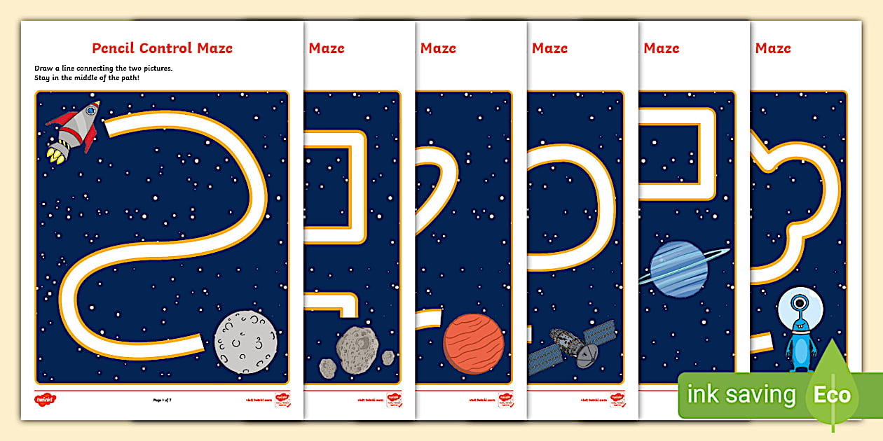 Space Themed Pencil Control Maze Worksheet / Worksheets