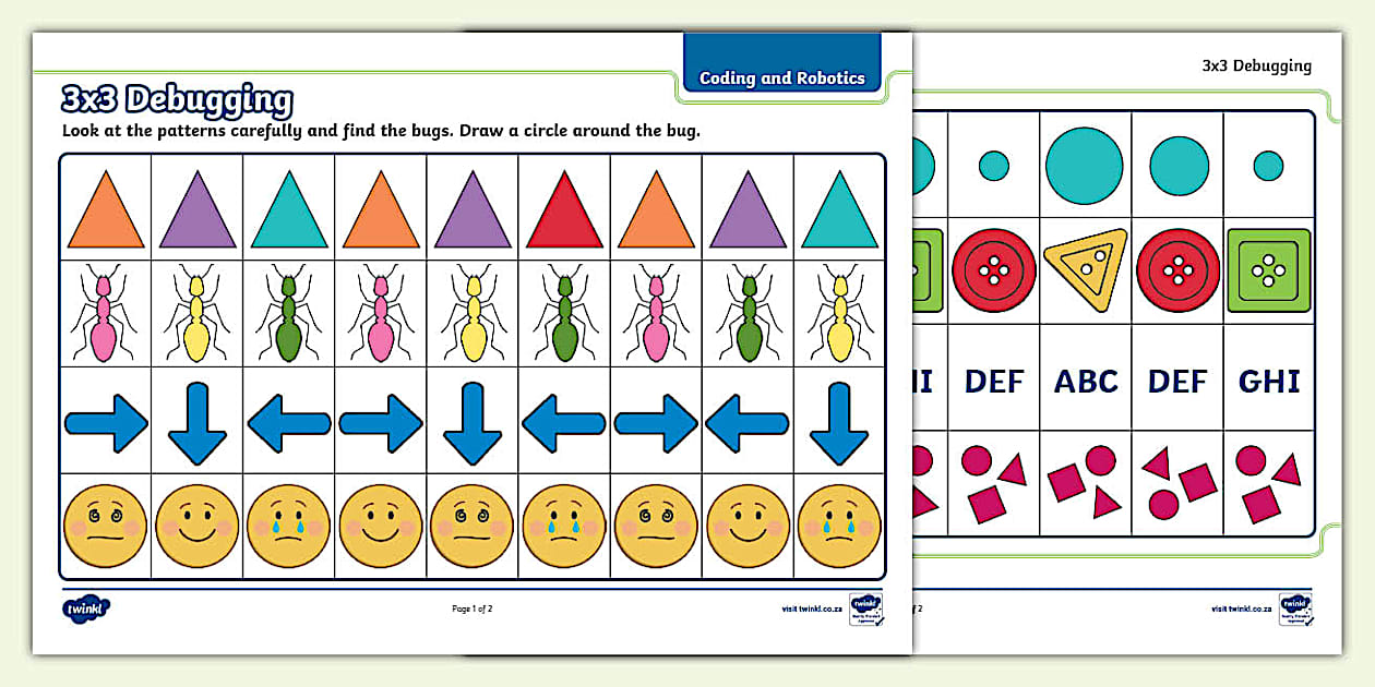 Grade R Coding - Worksheet: 3x3 Debugging (CAPS Aligned)