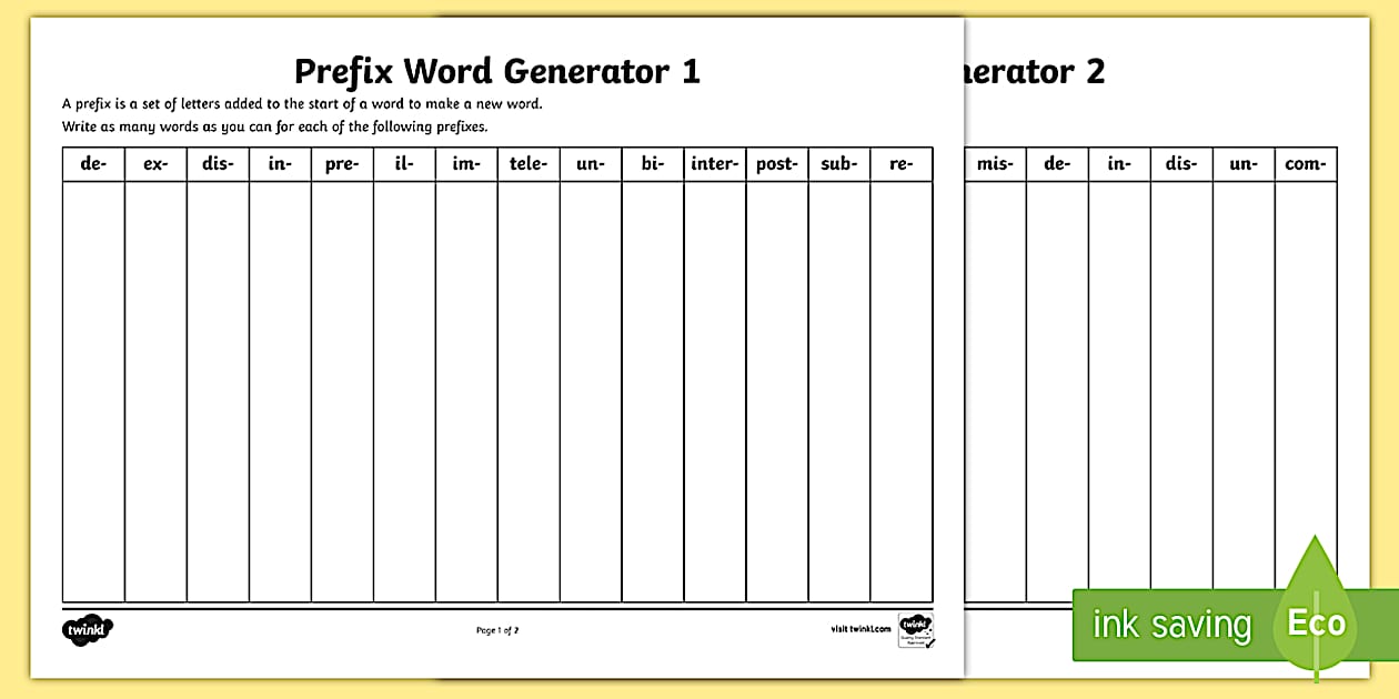 Prefix Word Generator Worksheet / Worksheet - Twinkl