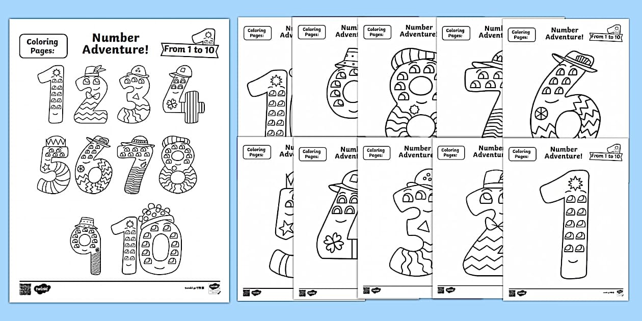 Number Adventure Coloring Sheet Set 1- 10 English - Twinkl