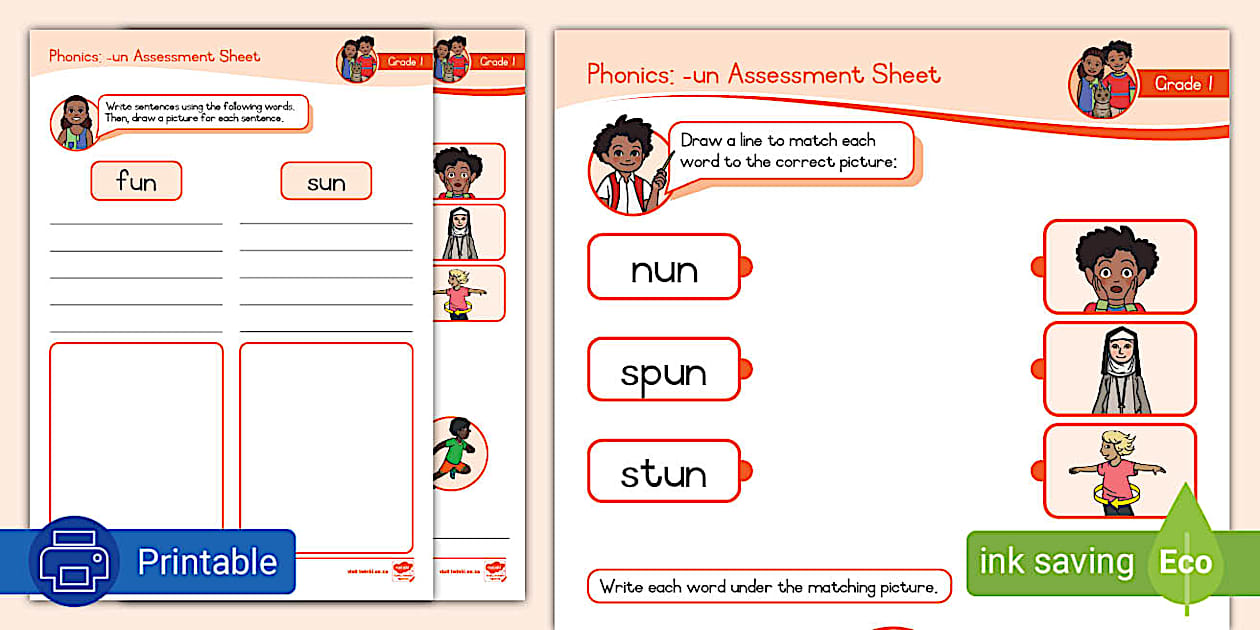 Grade 1 Phonics: -un Assessment Sheet (teacher made)