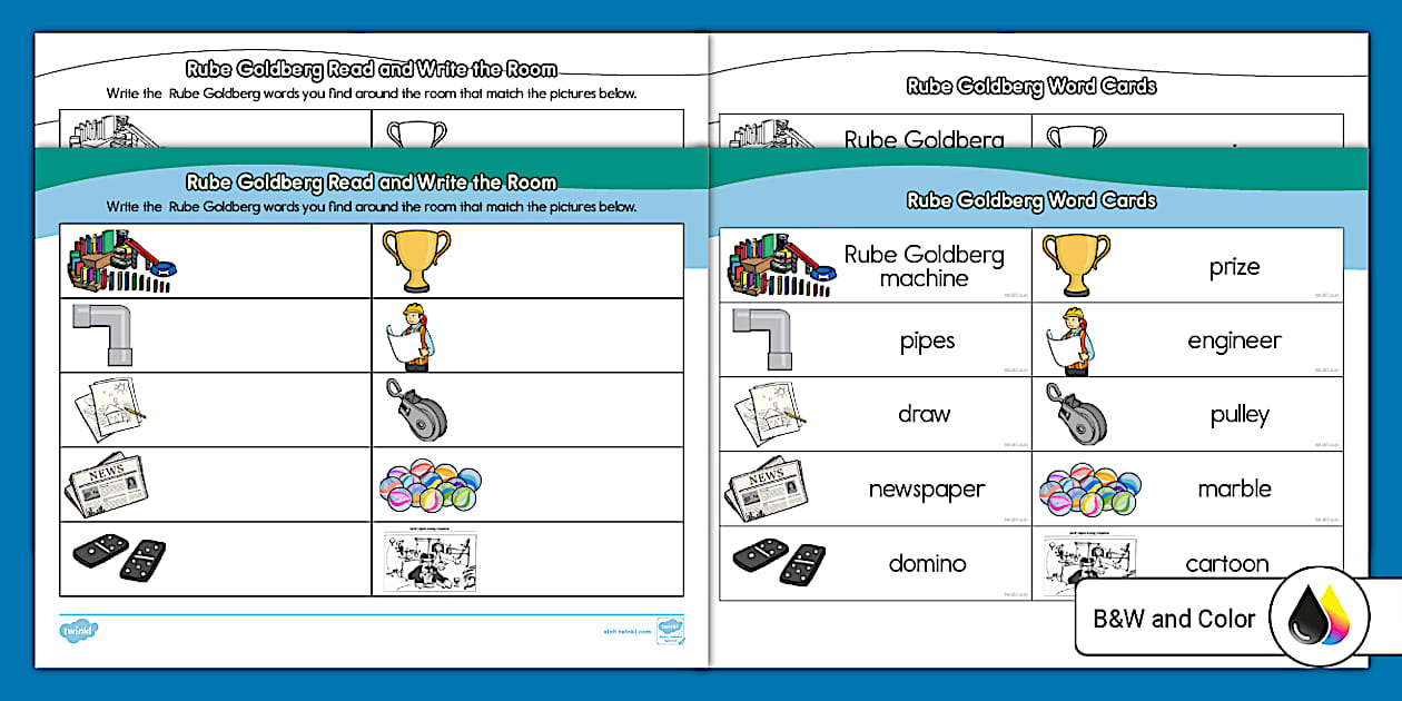 Rube Goldberg Read and Write the Room Worksheet - Twinkl
