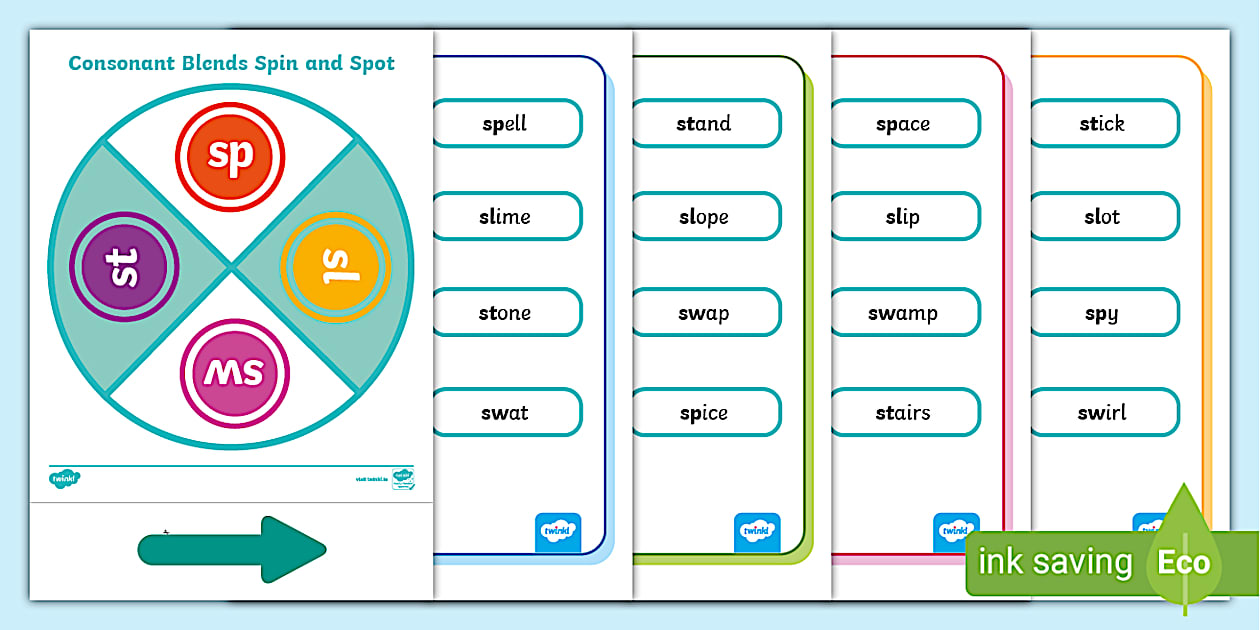 Spinner Game Consonant Blends sp, sl, sw, st. (teacher made)
