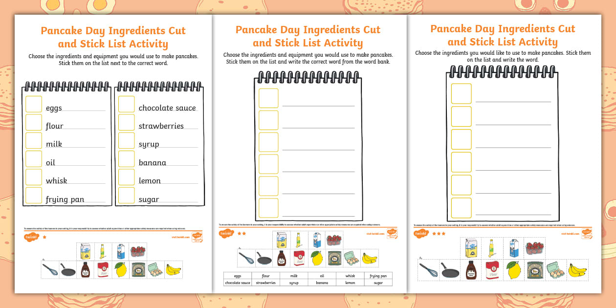 Pancake Day Ingredients Cut and Stick List Activity - EYFS