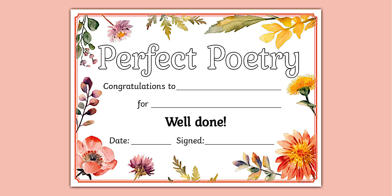 Wildflower Botanical Themed Perfect Poetry Certificate