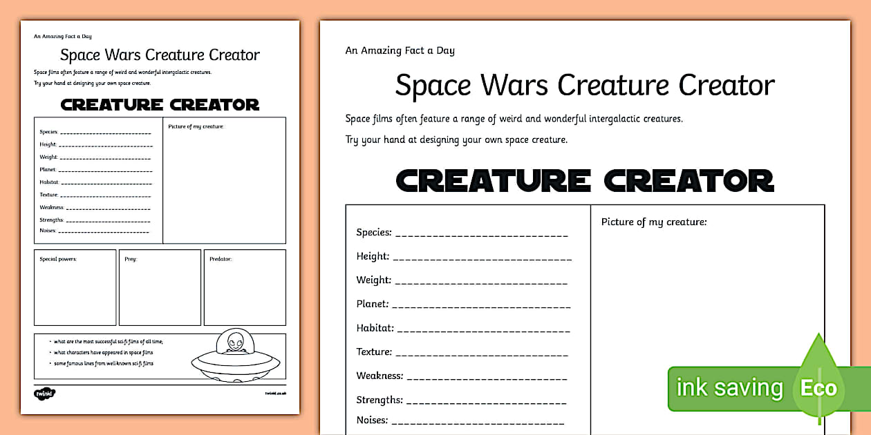 KS1 Space Wars Worksheet (printable) | Creature Creator