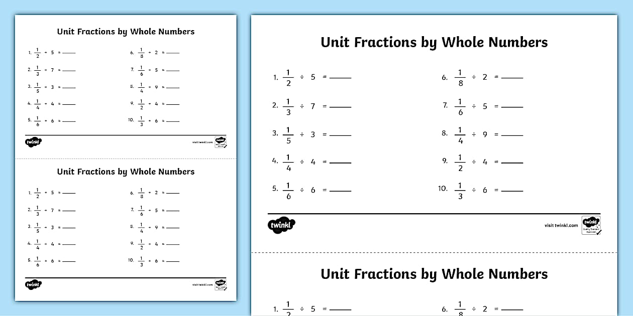 Dividing Unit Fractions by Whole Numbers Worksheet for 3rd-5th Grade