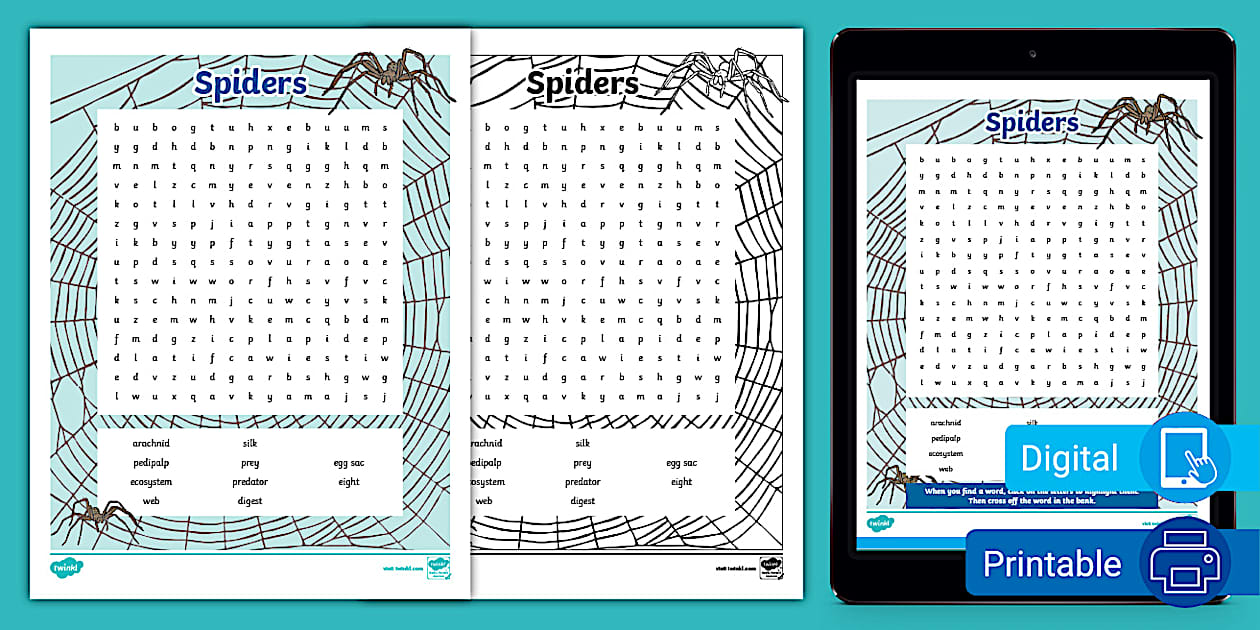 Spiders Word Search for 3rd-5th Grade - Twinkl