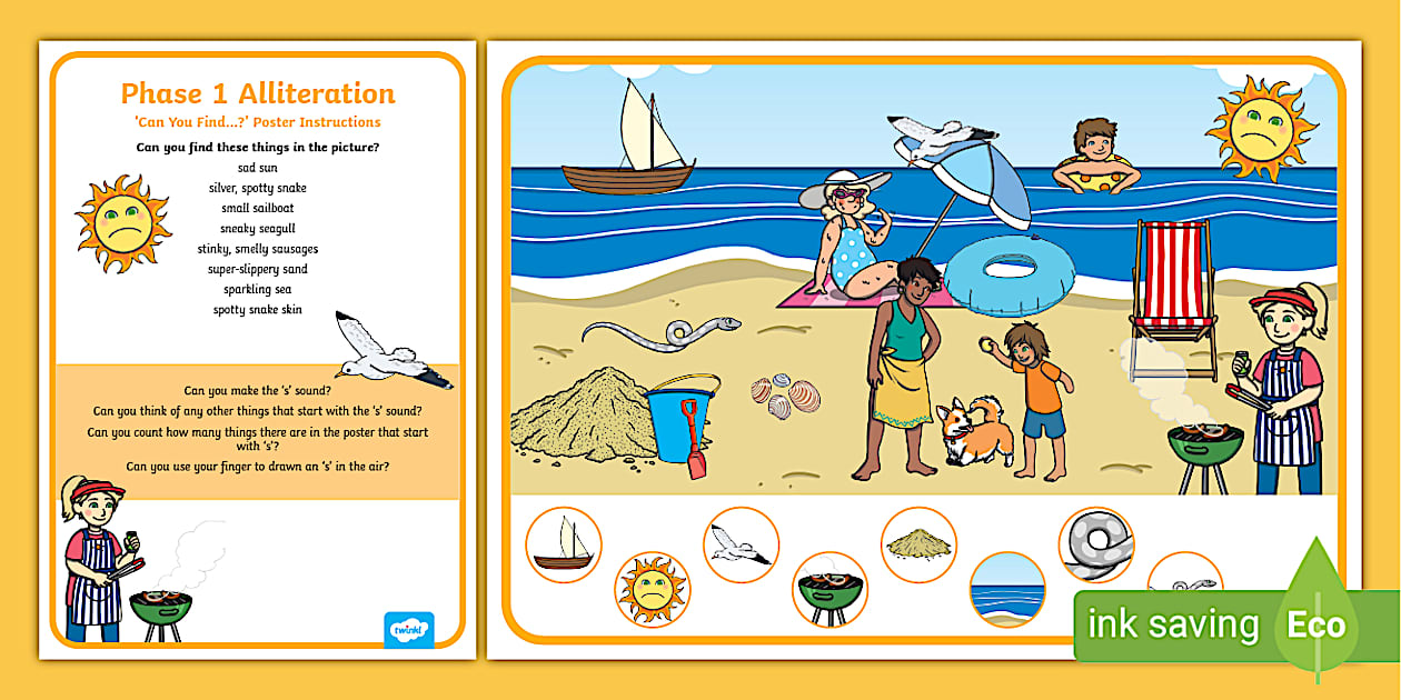 Phase 1 Phonics: Alliteration 's' Can You Find...? Poster and Prompt Card