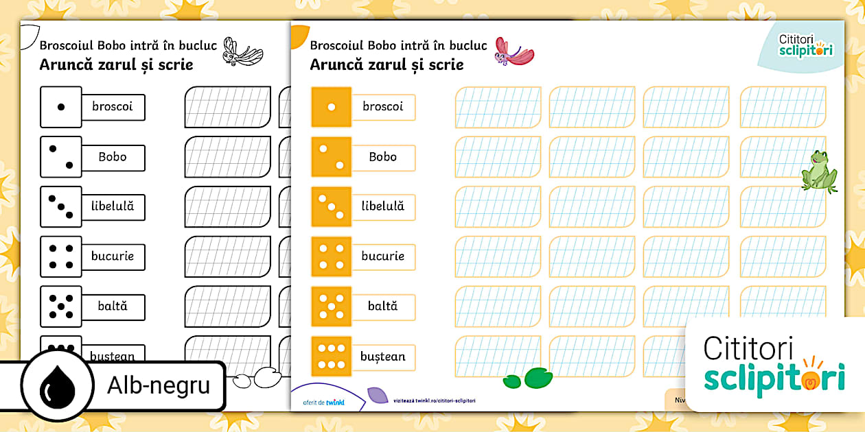 Litera B: Broscoiul Bobo – Aruncă zarul și scrie (clasa I)