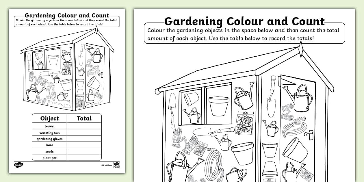 👉 Gardening Colour and Count Worksheet (teacher made)