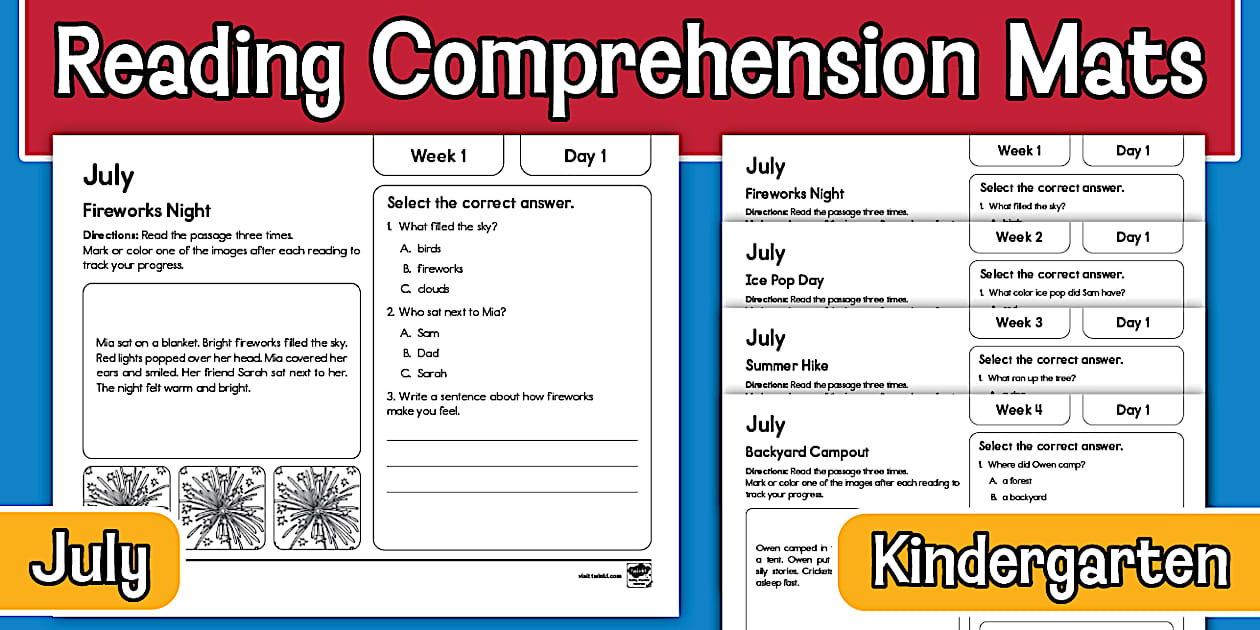July Kindergarten Reading Comprehension Mats