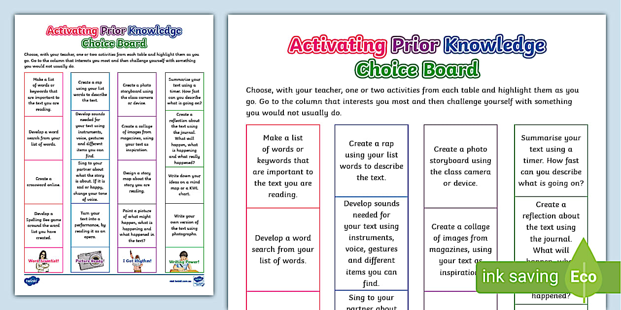 Activating Prior Knowledge Choice Board (teacher made)