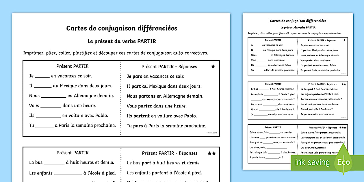 Cartes de conjugaison : PARTIR au présent