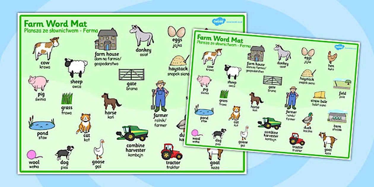 On the Farm Word Mat Polish Translation - Twinkl