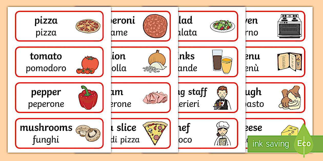 Pizza Parlour Role Play Word Cards English/Italian - Twinkl