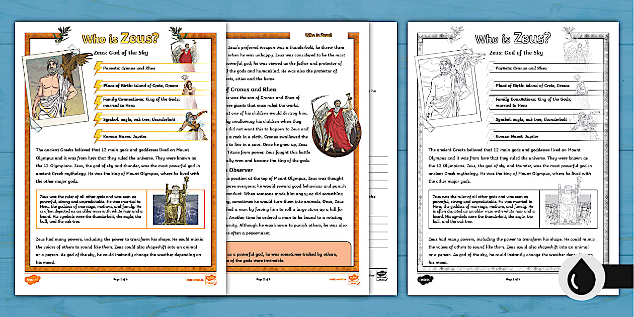 Zeus Greek God Intermediate Reading Comprehension - Twinkl