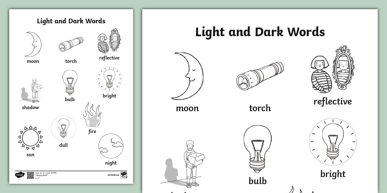 Light and Dark Words Colouring Sheet (teacher made) - Twinkl