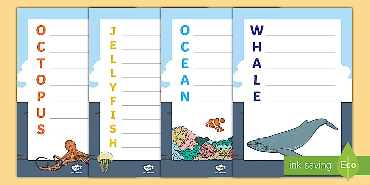 Editable ocean metaphor acrostic poem template - Twinkl
