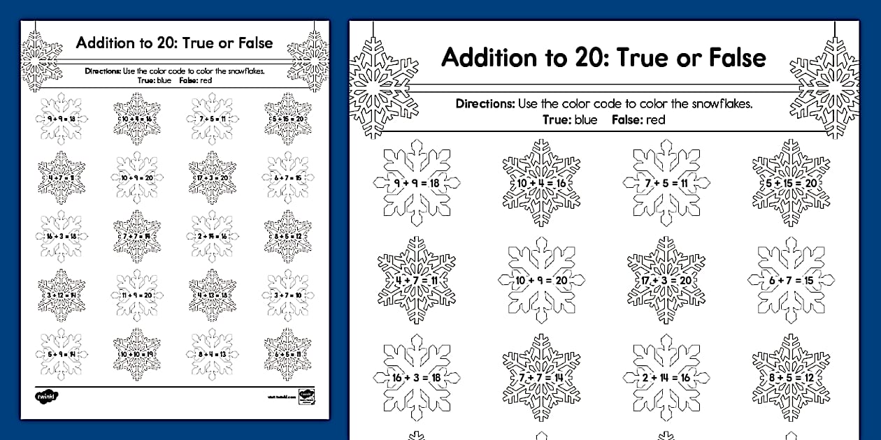 First Grade Winter Addition to 20 True or False Worksheet