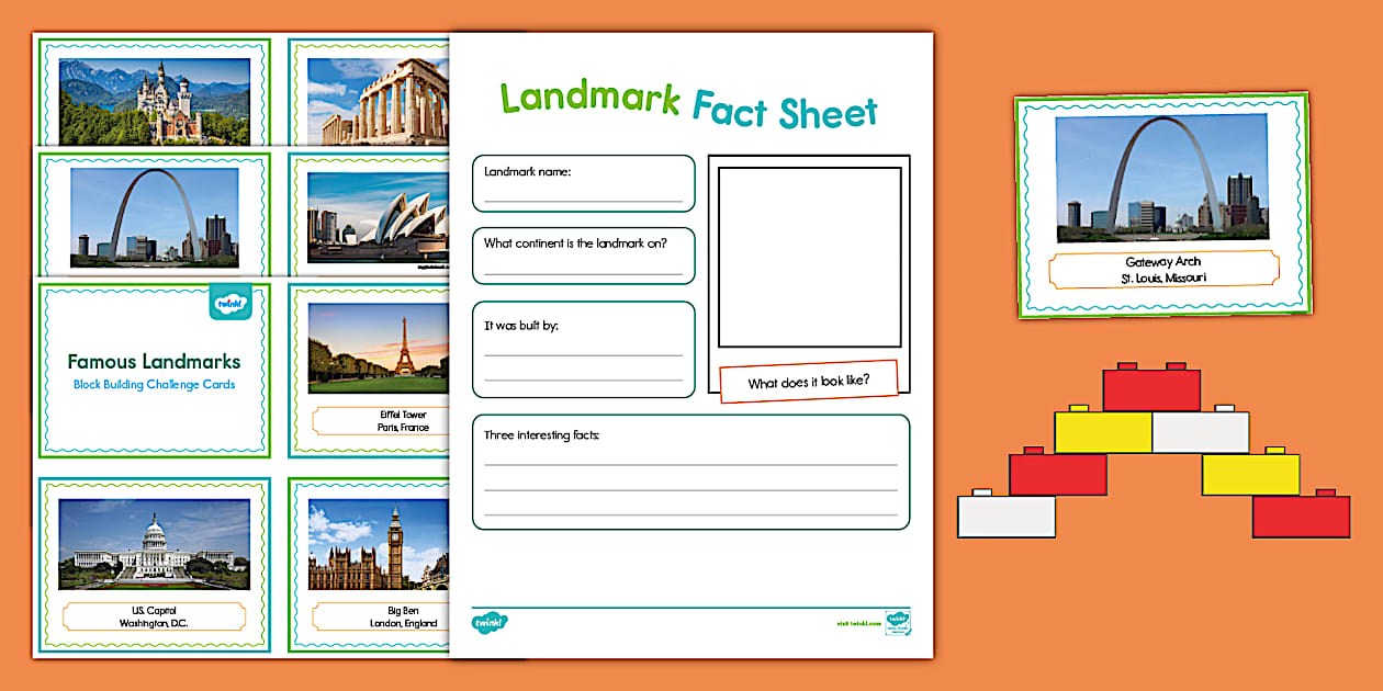 Famous Landmarks Block Building Challenge Cards for K-2nd