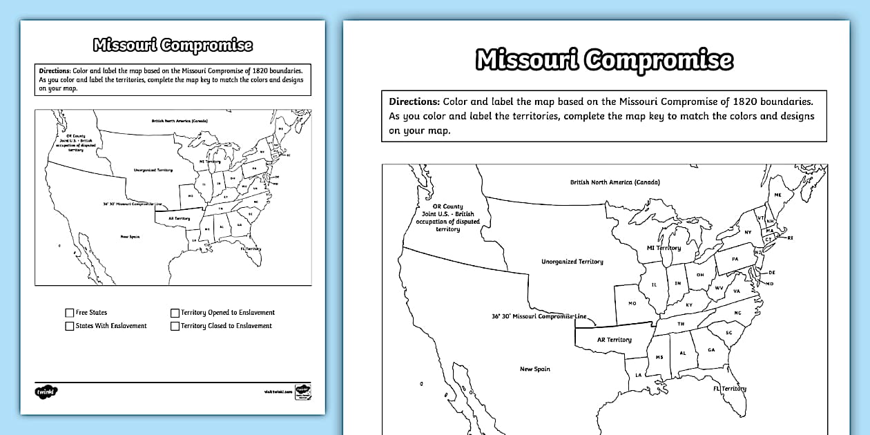 Missouri Compromise Map Worksheet for Grades 6-8 | Twinkl USA