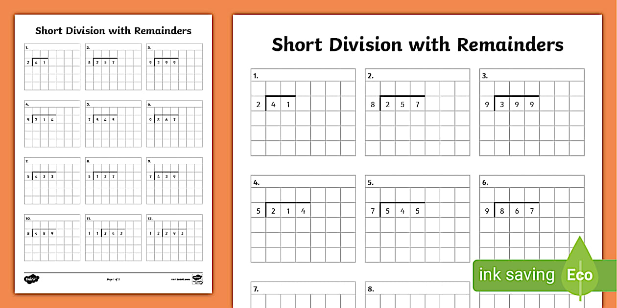 Grid Paper Division With Remainders Practice for 3rd-5th Grade