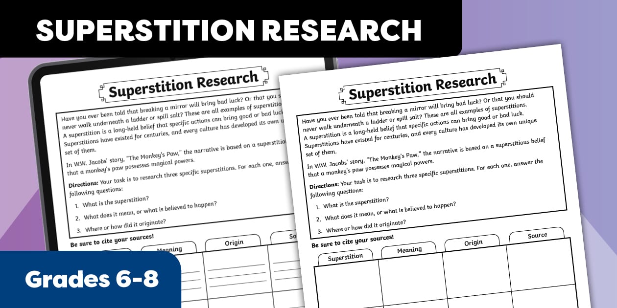 The Monkey's Paw Superstition Research Activity for 6th-8th