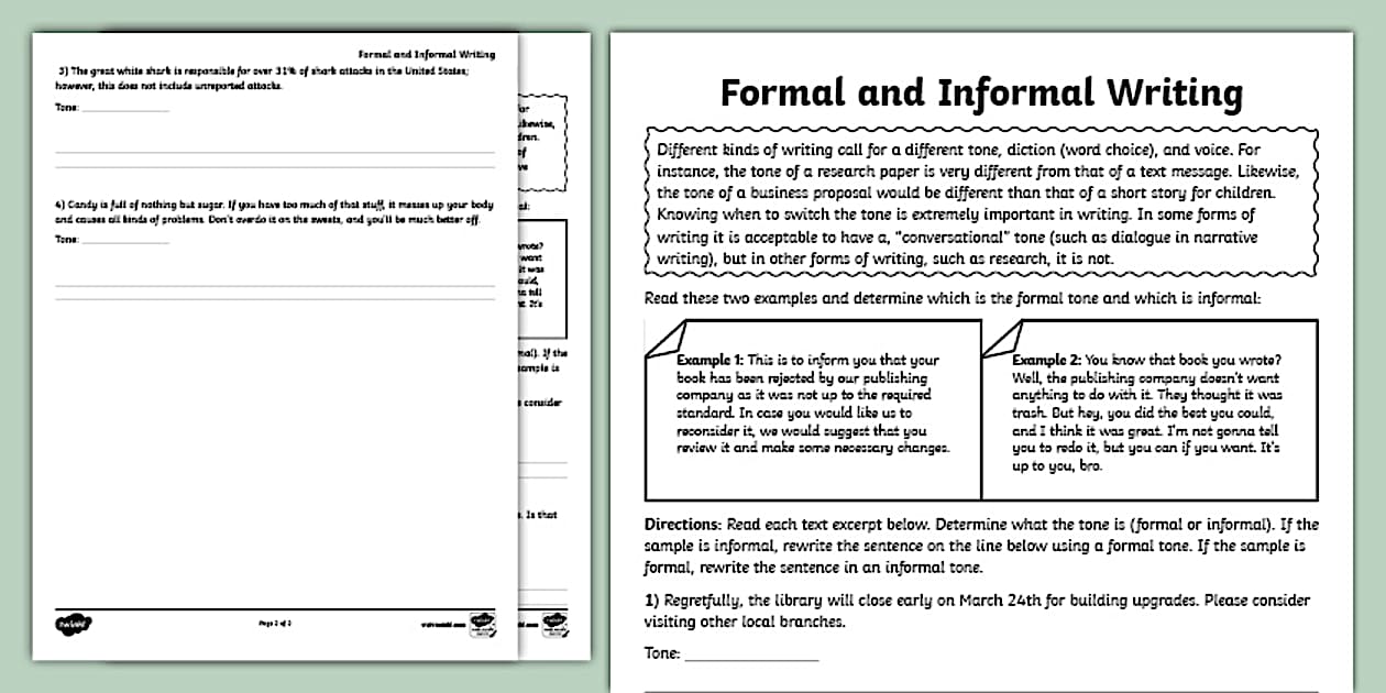 Formal and Informal Writing Worksheet for 6th-8th Grade | Twinkl USA