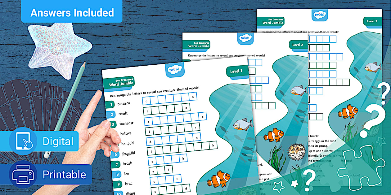 Sea Creatures Word Jumble Puzzle - AL - Twinkl Puzzled