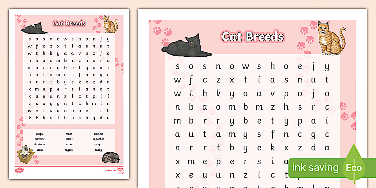 Cat Breeds Word Search (Teacher-Made) - Twinkl
