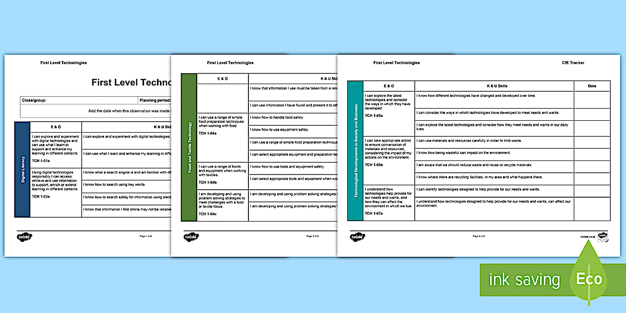 Technologies CfE First Level Tracker (teacher made) - Twinkl