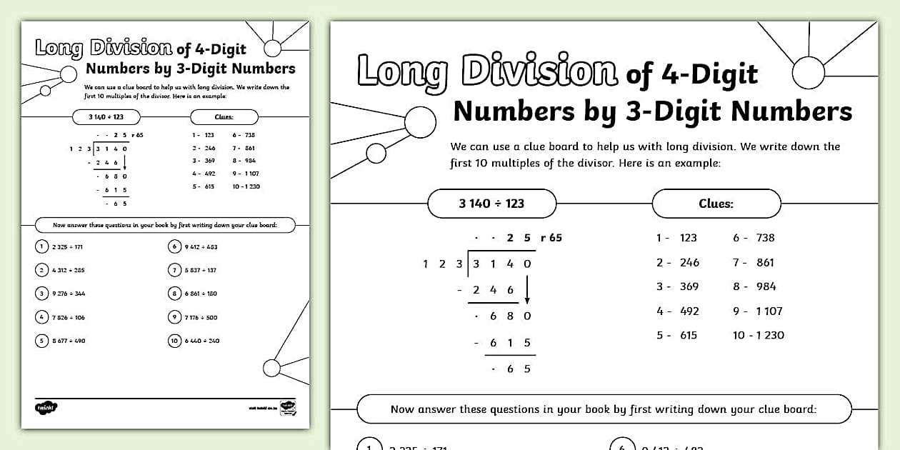 Long Division of 4-Digit Numbers by 3-Digit Numbers Activity