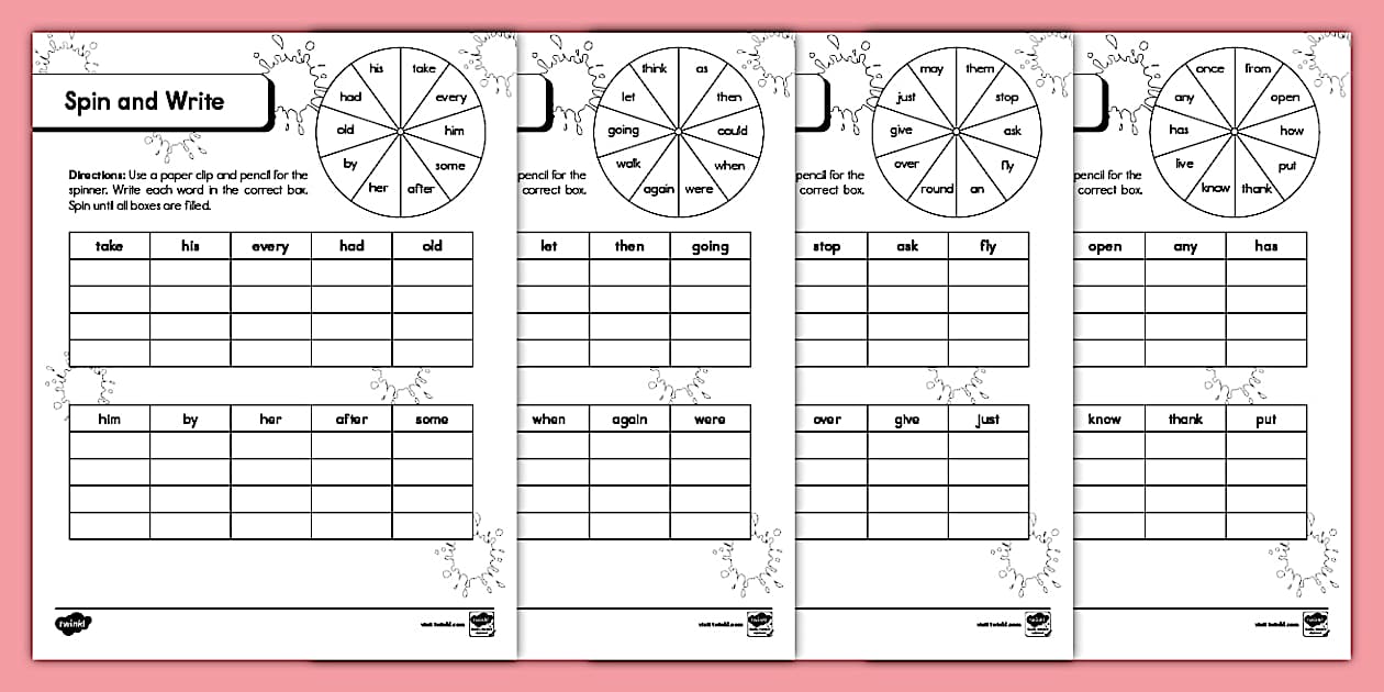 First Grade Sight Words Spin and Write Worksheet - Twinkl