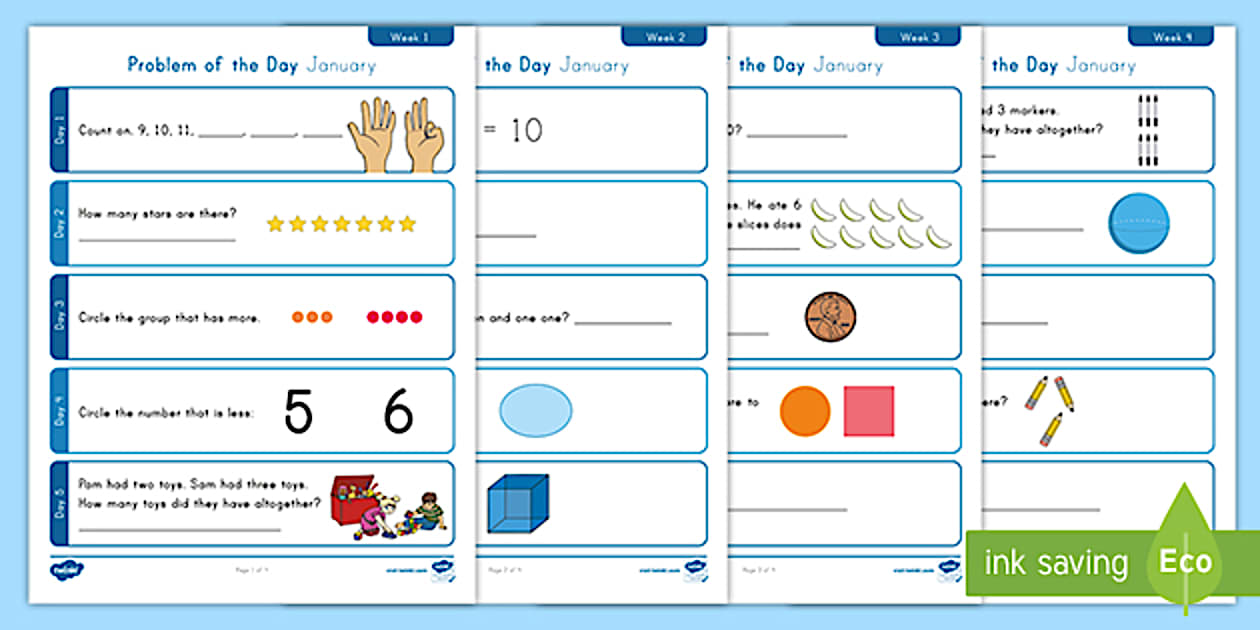 Kindergarten Math Problem of the Day - January Worksheet