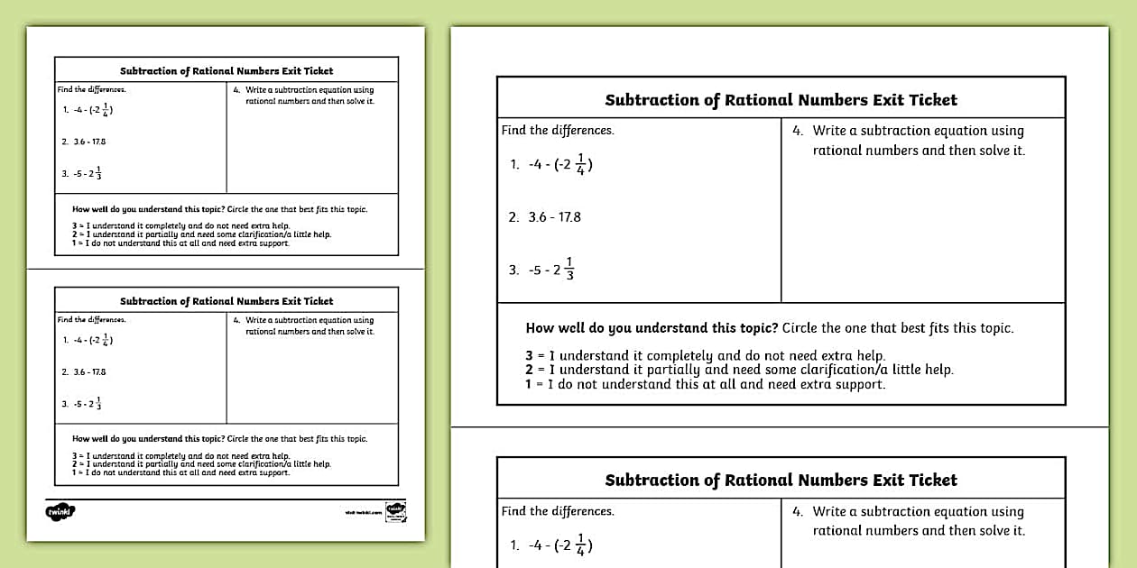 Seventh Grade Subtraction of Rational Numbers Exit Ticket