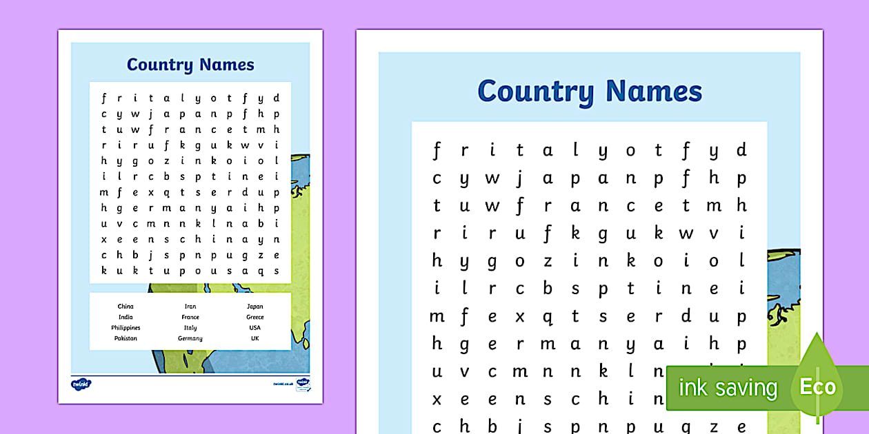 Black and White Country Names Word Search - Twinkl