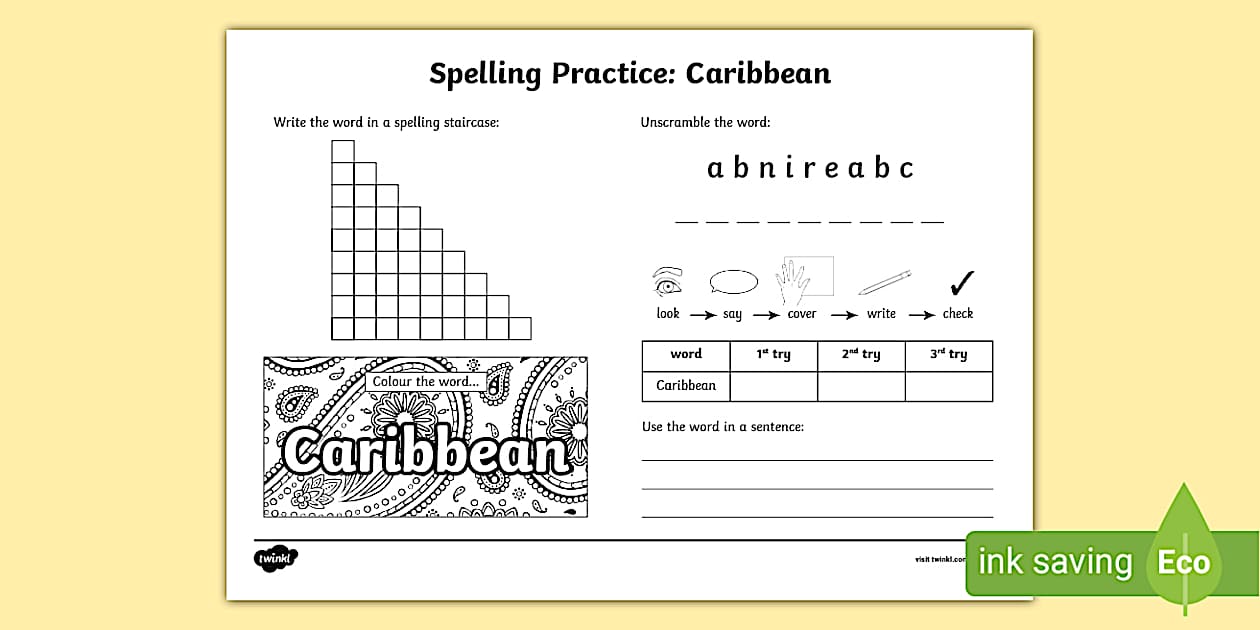 Caribbean Spelling Practice Worksheet (Teacher-Made)