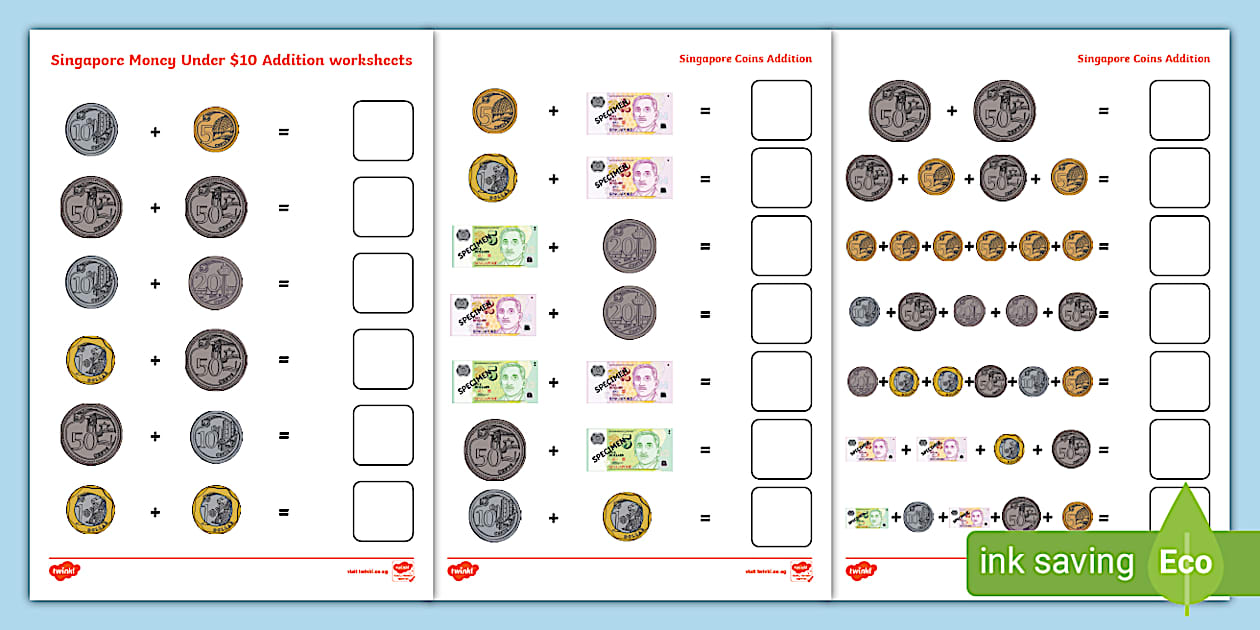 Singapore Money under $10 Addition Worksheets (Teacher-Made)