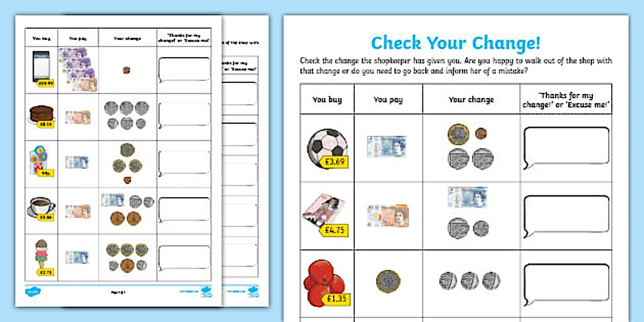 Check Your Change Money Maths Worksheet Primary Resource KS2