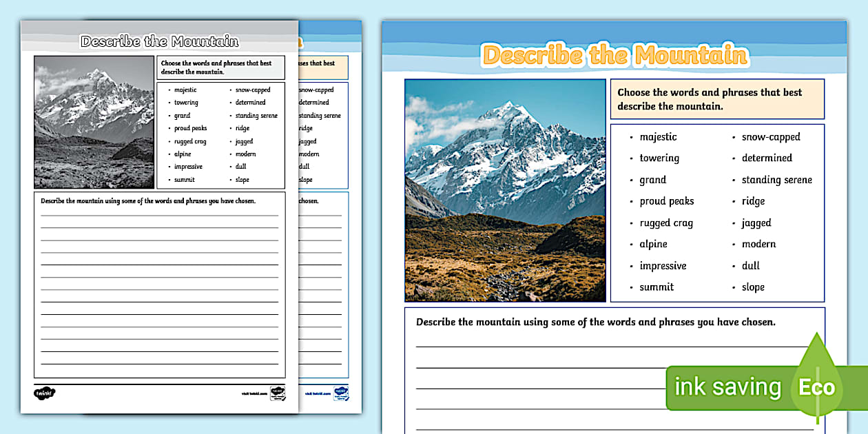 Describe a Mountain Worksheet (teacher made) - Twinkl