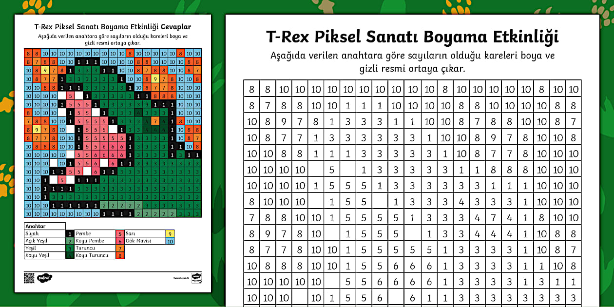 T-Rex Piksel Sanatı Boyama Etkinliği-Twinkl