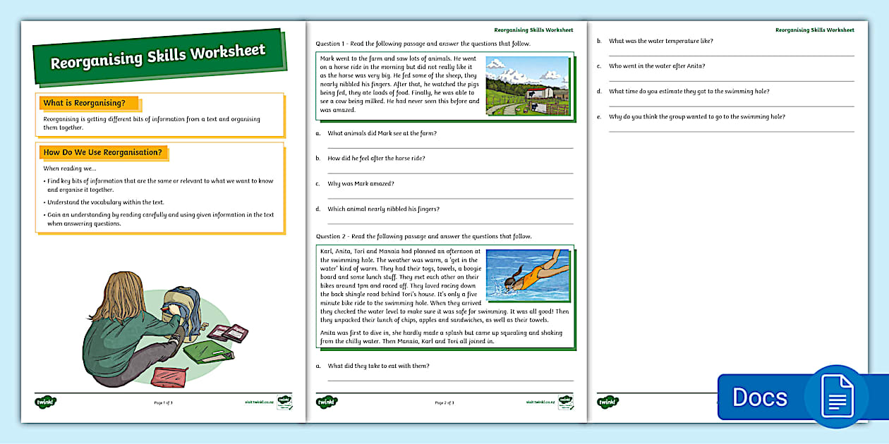 Reading Comprehension Skills: Reorganising Worksheet (Year 5-6)